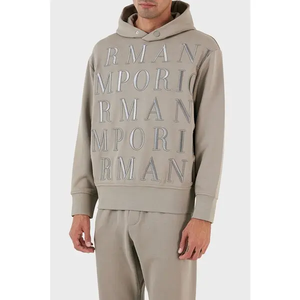 Emporio Armani Logo Patterned Hooded Sweater - Nude