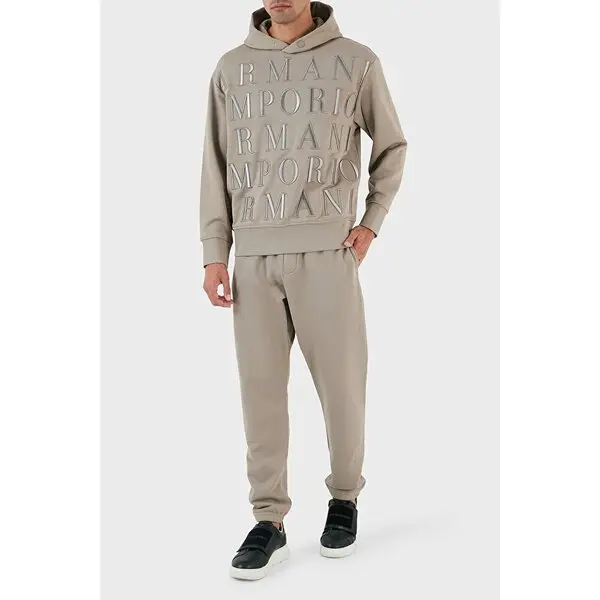 Emporio Armani Logo Patterned Hooded Sweater - Nude