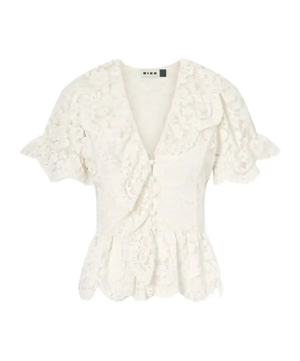 Rixo Lace Embellished Ruffled V-neck Top - White
