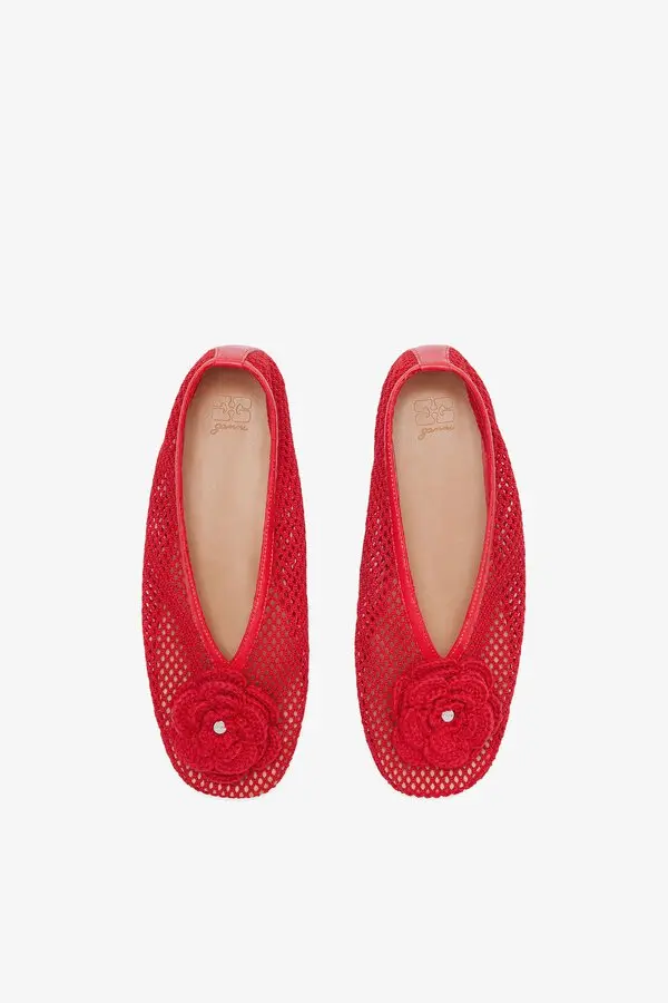 GANNI Jenny Mesh Flower Ballet Flats - Goji Berry