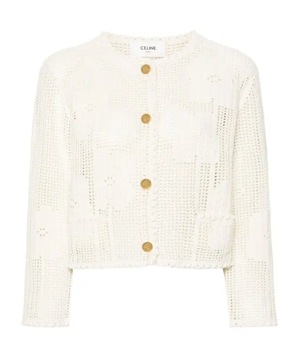 Celine Crocheted Cotton Cardigan Jacket With Floral Motif - Off White