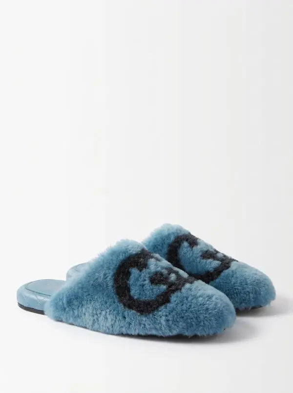 Gucci Fur Mules With Interlocking G Detail - Blue