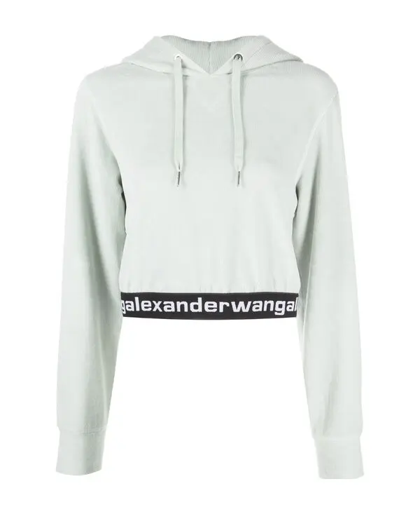 Alexander Wang Fine-ribbed Cropped Hoodie With Logo Waistband - Green