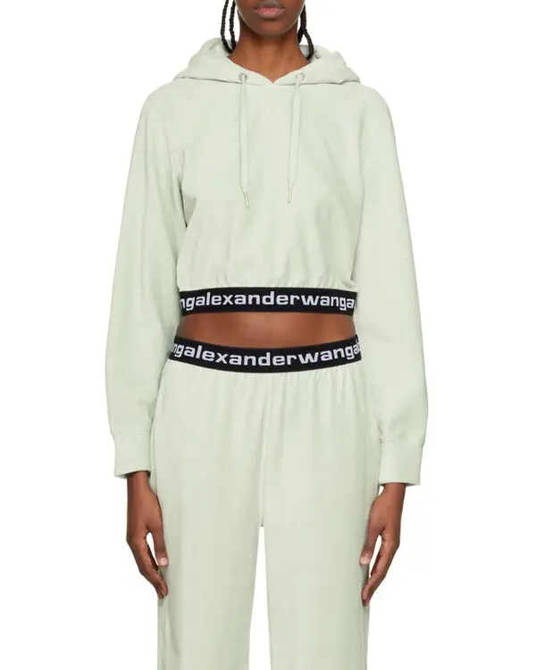 Alexander Wang Fine-ribbed Cropped Hoodie With Logo Waistband - Green
