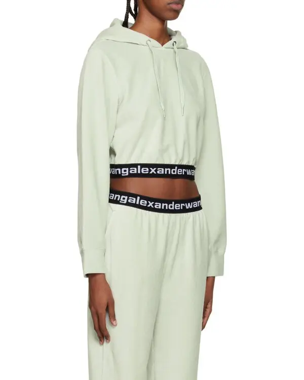 Alexander Wang Fine-ribbed Cropped Hoodie With Logo Waistband - Green