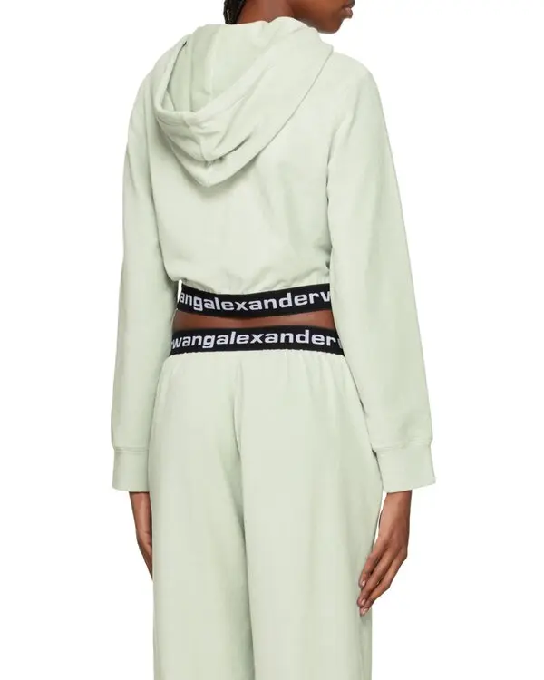 Alexander Wang Fine-ribbed Cropped Hoodie With Logo Waistband - Green