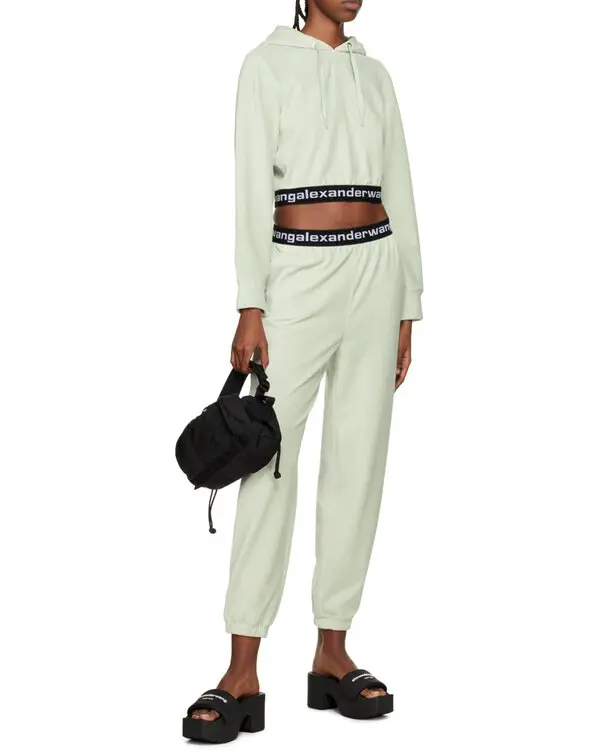 Alexander Wang Fine-ribbed Cropped Hoodie With Logo Waistband - Green