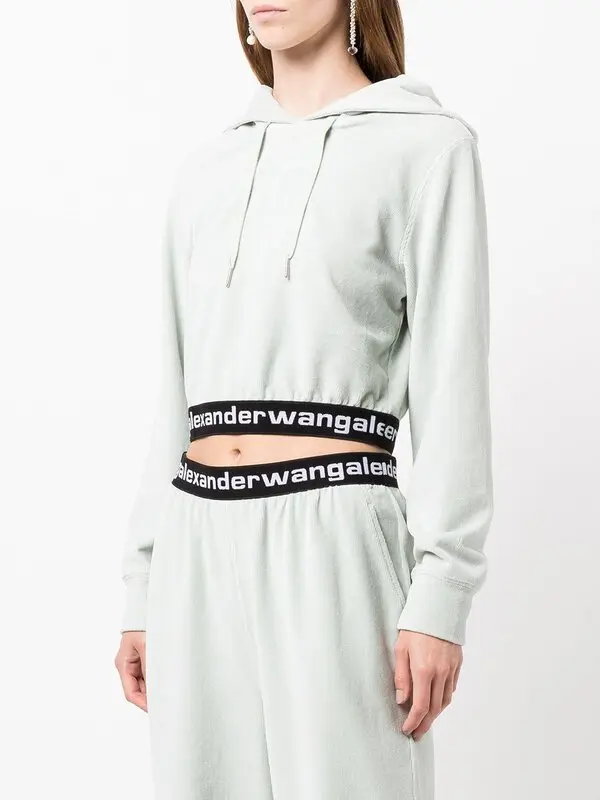 Alexander Wang Fine-ribbed Cropped Hoodie With Logo Waistband - Green