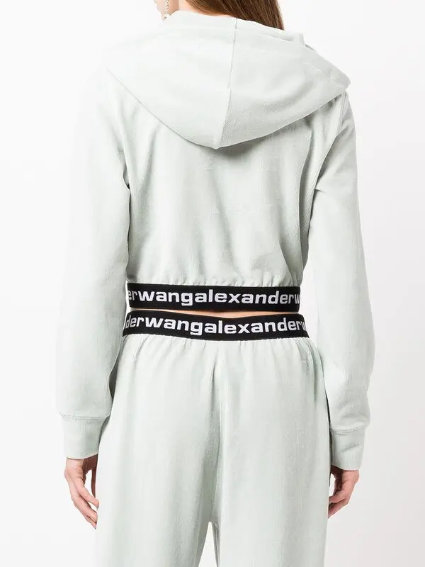 Alexander Wang Fine-ribbed Cropped Hoodie With Logo Waistband - Green