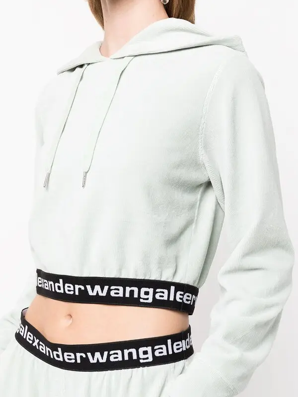 Alexander Wang Fine-ribbed Cropped Hoodie With Logo Waistband - Green