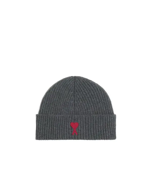 Ami Logo Embroidered Wool Beanie - Gray/red Blend