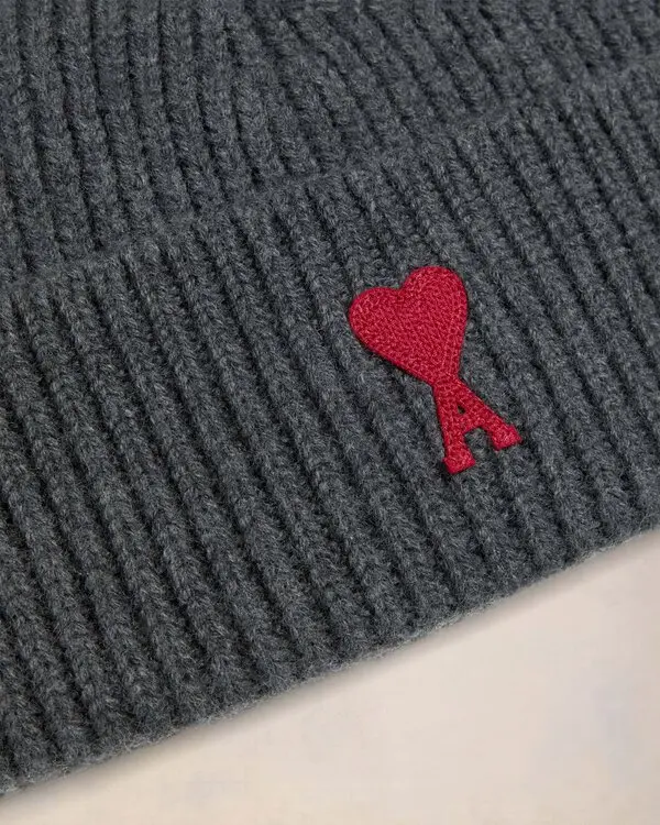 AMI Paris Logo Patch Knitted Beanie - Gray/red Blend