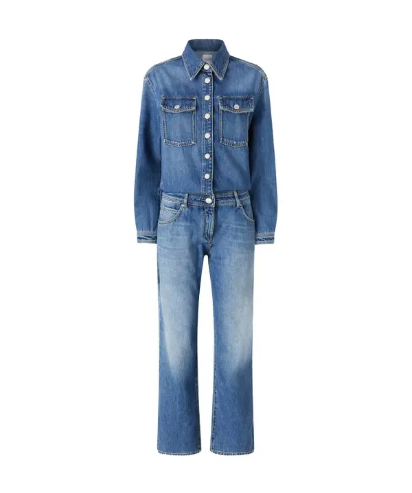 Pinko Long Denim Jumpsuit With Mandarin Collar