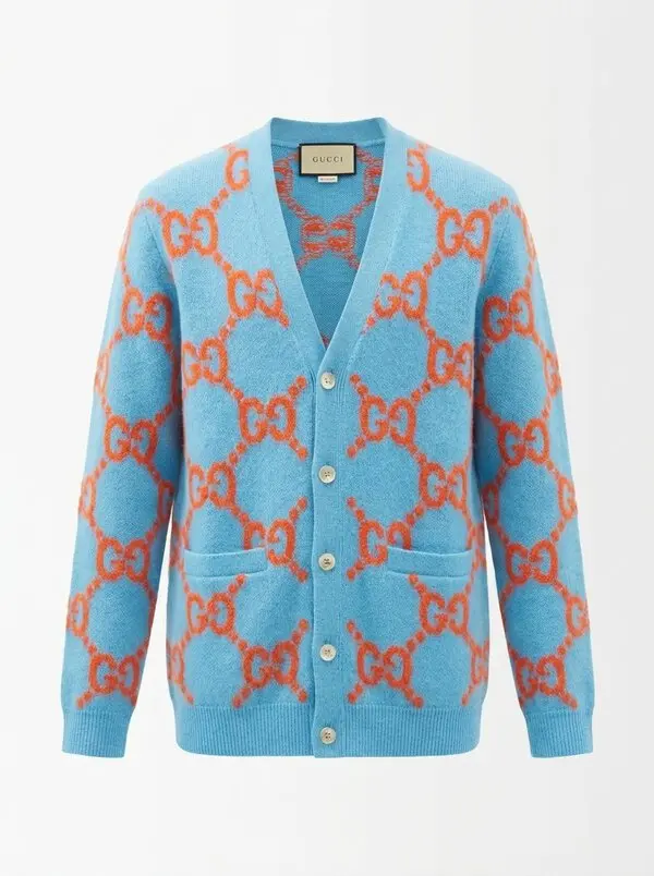 Gucci Gg Intarsia Knit Cardigan - Blue