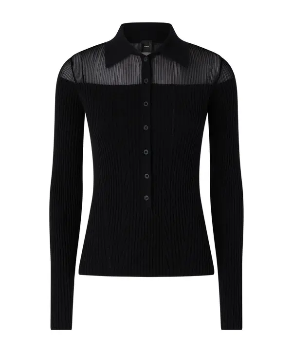 Pinko Ribbed Long-sleeved Polo Shirt With Semi-sheer Insert - Black