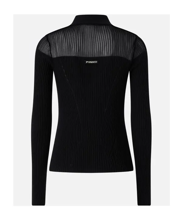 Pinko Ribbed Long-sleeved Polo Shirt With Semi-sheer Insert - Black