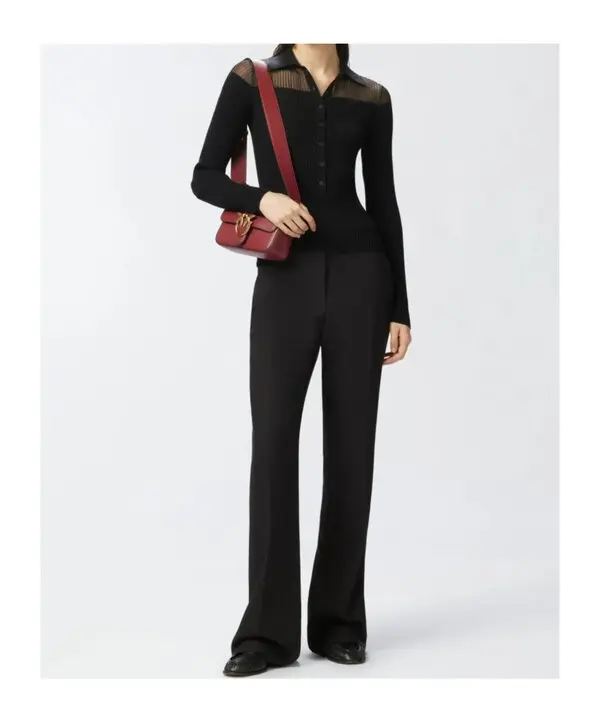 Pinko Ribbed Long-sleeved Polo Shirt With Semi-sheer Insert - Black
