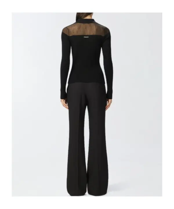 Pinko Ribbed Long-sleeved Polo Shirt With Semi-sheer Insert - Black