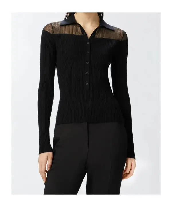 Pinko Ribbed Long-sleeved Polo Shirt With Semi-sheer Insert - Black