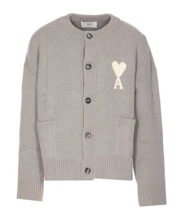 AMI Paris Logo Detailed Knitted Cardigan - Grey
