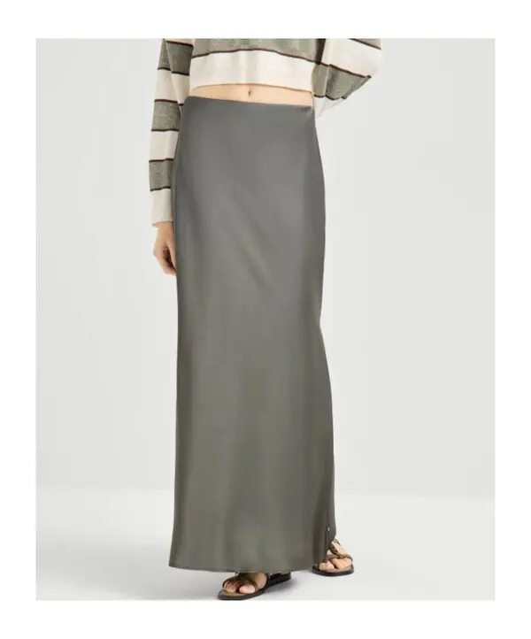 Brunello Cucinelli Satin Cady Maxi Skirt With Side Slits - Olive