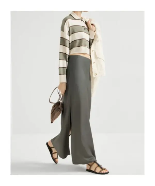 Brunello Cucinelli Satin Cady Maxi Skirt With Side Slits - Olive
