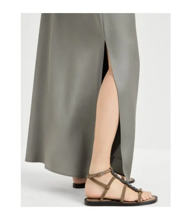 Brunello Cucinelli Satin Cady Maxi Skirt With Side Slits - Olive