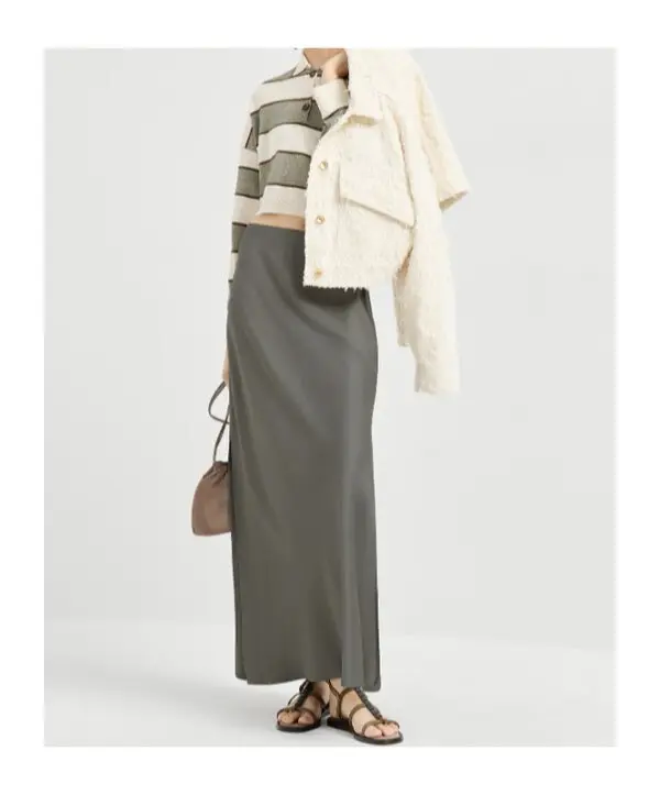 Brunello Cucinelli Satin Cady Maxi Skirt With Side Slits - Olive