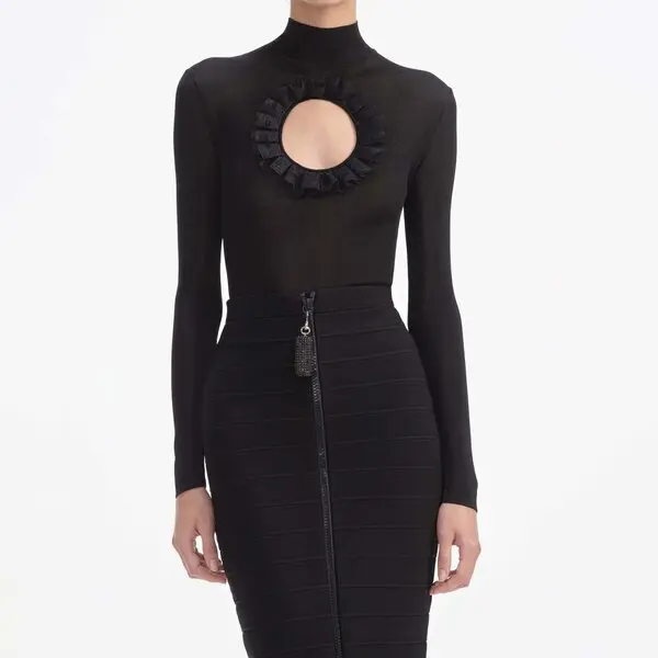 SELF-PORTRAIT Ruffled Knitted Midi Dress With Exposed Zipper