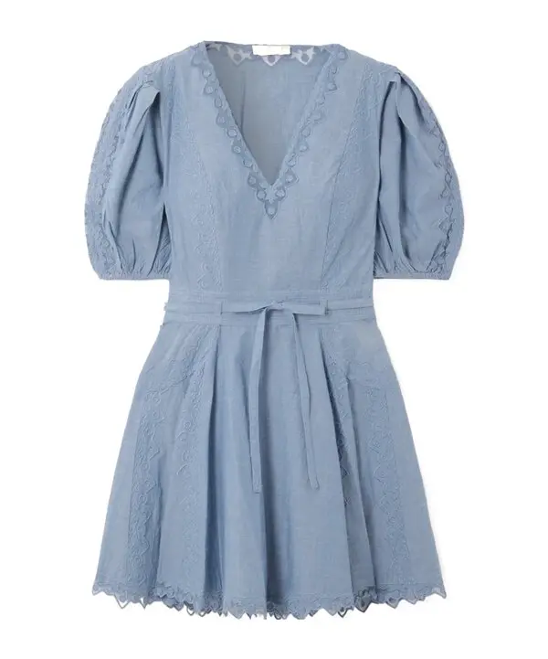 Ulla Johnson Camilla Belted Embroidered Cotton-chambray Mini Dress - Blue
