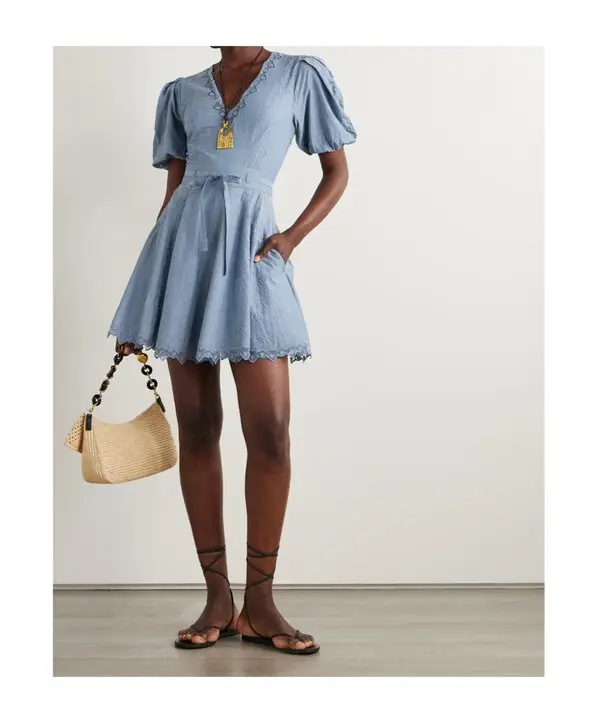 Ulla Johnson Camilla Belted Embroidered Cotton-chambray Mini Dress - Blue
