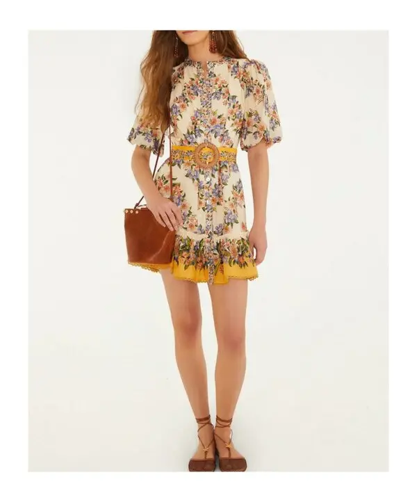 Farm Rio Hilo Stripes Sand Floral Mini Dress - Nude