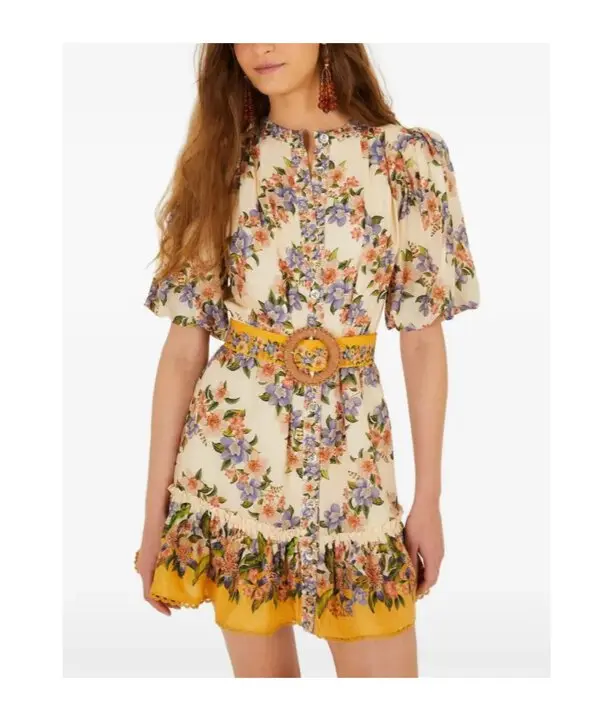 Farm Rio Hilo Stripes Sand Floral Mini Dress - Nude