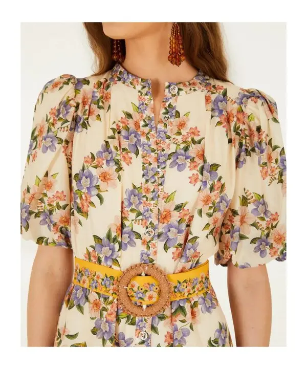 Farm Rio Hilo Stripes Sand Floral Mini Dress - Nude