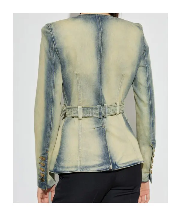 Balmain Belted Denim Blazer - Nude