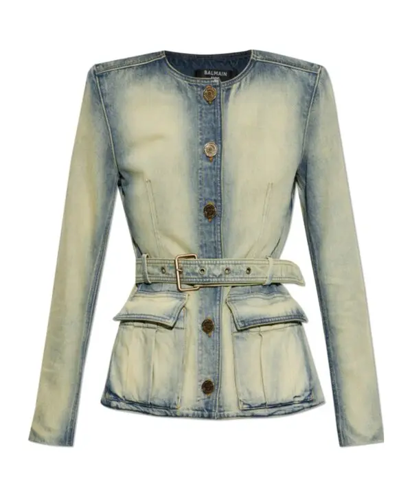Balmain Belted Denim Blazer - Nude