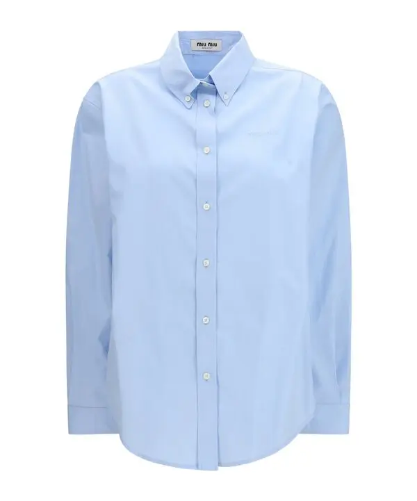 Miu Miu Logo Embroidered Cotton Button-up Shirt - Sapphire Blue