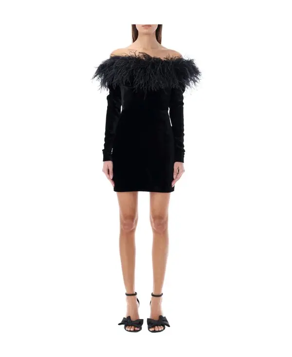 Alessandra Rich Velvet Mini Dress With Feather Trim