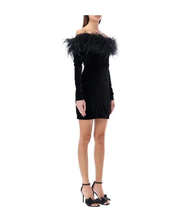 Alessandra Rich Velvet Mini Dress With Feather Trim