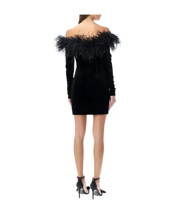 Alessandra Rich Velvet Mini Dress With Feather Trim