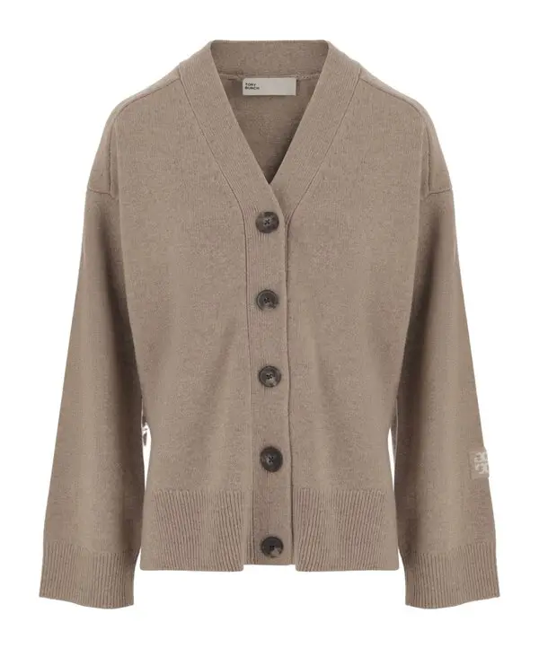 Tory Burch V-neck Cardigan With Ribbed Cuffs And Hem - Nude