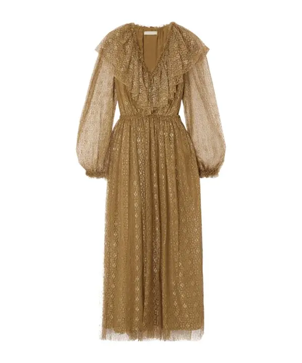 Ulla Johnson Helena Metallic Lace Ruffled V-neck Midi Dress - Gold
