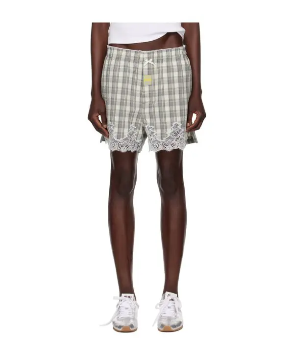 Martine Rose Seersucker Checkered Shorts With Lace Trim