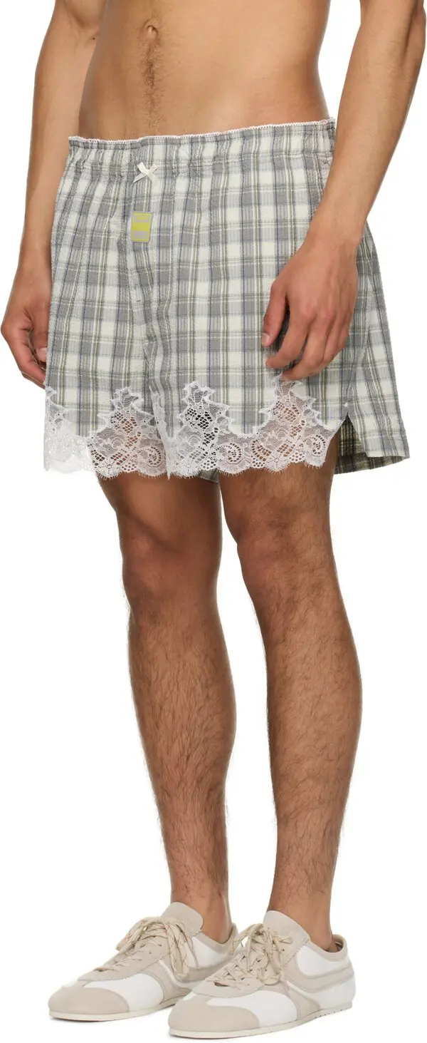 Martine Rose Seersucker Checkered Shorts With Lace Trim
