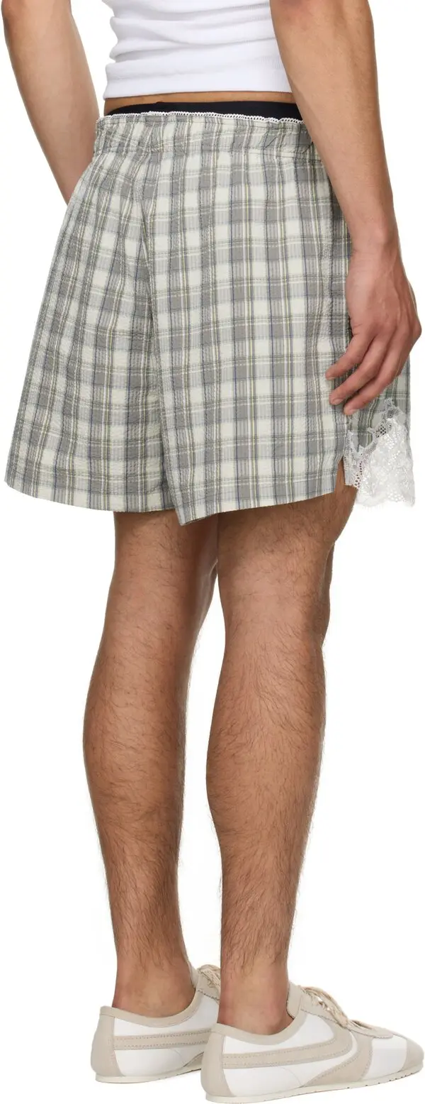 Martine Rose Seersucker Checkered Shorts With Lace Trim