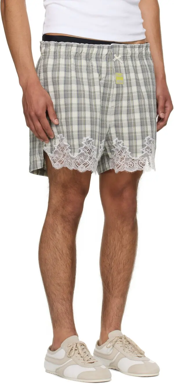 Martine Rose Seersucker Checkered Shorts With Lace Trim