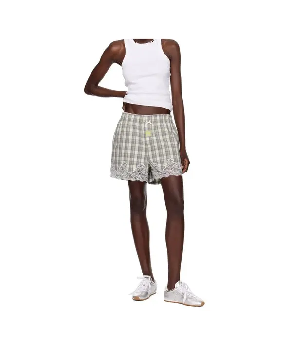 Martine Rose Seersucker Checkered Shorts With Lace Trim