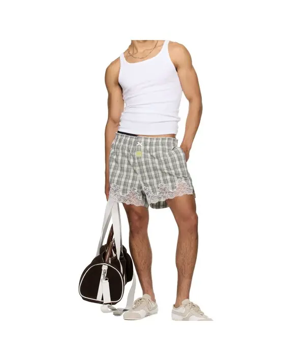 Martine Rose Seersucker Checkered Shorts With Lace Trim
