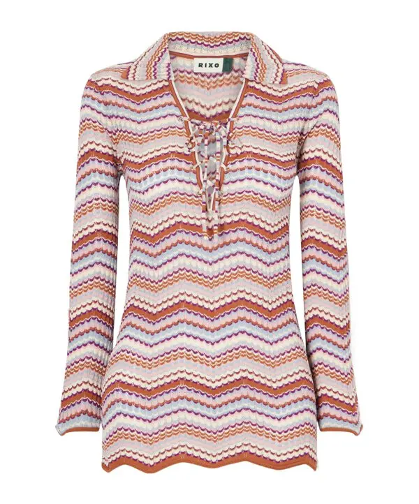 Rixo Multicolor Zigzag Striped Crochet Long-sleeved Top - Pink