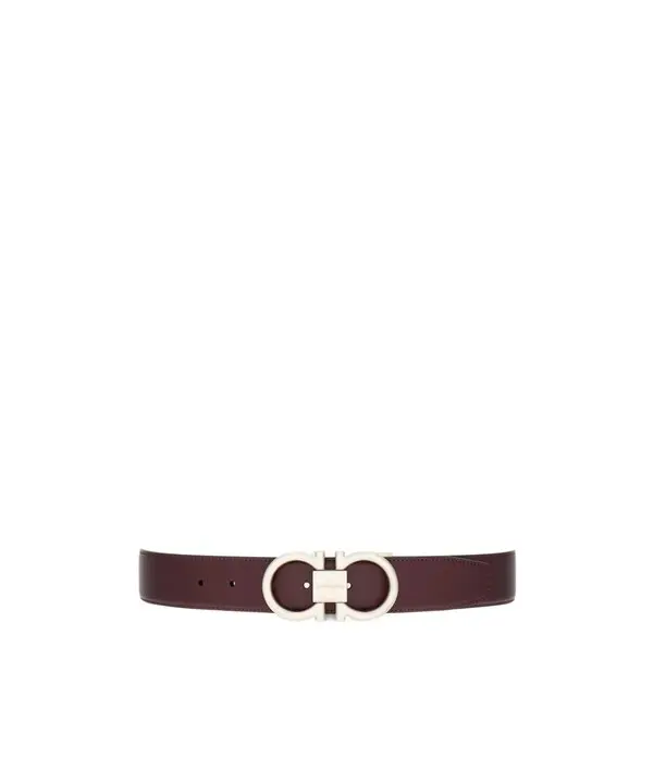 FERRAGAMO Double Gancini Buckle Belt - Dark Wine Red/black